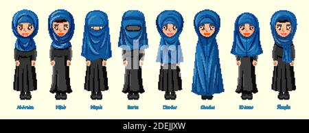 Types of Islamic traditional veils of female in cartoon character ...