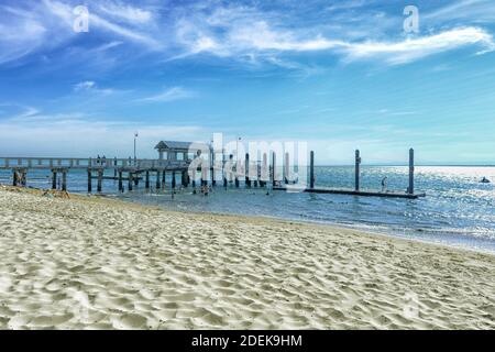 View of the jetty at popular Bongaree Beach, Bribie Island, Sunshine ...