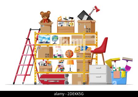 Interior of storeroom with metal shelves, storage, boxes, stair, wheels ...
