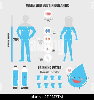 Body and water chart with water composition of human body symbols flat ...