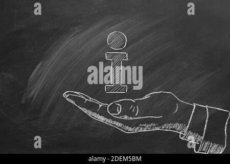 Human hand and info icon drawn on yellow. First-hand information ...