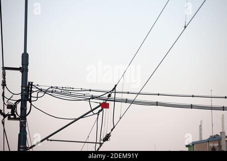 Electrified overhead lines over railway track on the midland main line ...