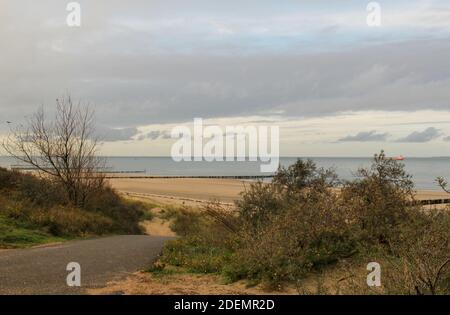 Dike dunes panorama landscape with sky and reeds in summer in ...