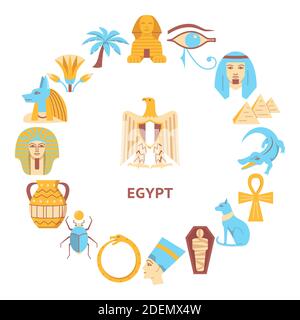 Round banner with Egypt icons in line style. Eagle national symbol ...