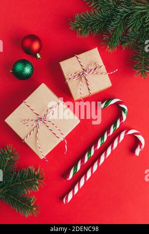 Christmass flatlay gift boxes,red christmas tree toys,christmas ...