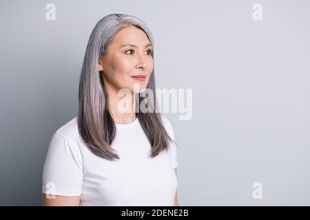 Photo of calm confident nice grandmother look camera wear knitted ...