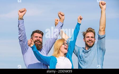 Employees enjoy feeling of freedom. Freedom concept. Men with beard in ...