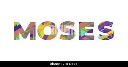 The word "Moses" written in white 3D letters on a colorful background ...
