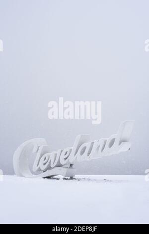 Cleveland ohio script sign in heavy snow Stock Photo - Alamy