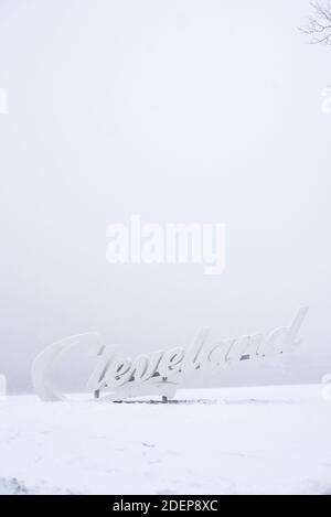 Cleveland ohio script sign in heavy snow Stock Photo - Alamy