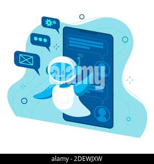 Smiling chatbot character robot helping solve problems. For website or mobile application. Flat ...