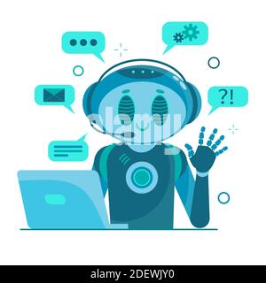 Smiling chatbot character robot helping solve problems. For website or mobile application. Flat ...