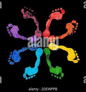Rainbow color human footprints circle white background isolated ...