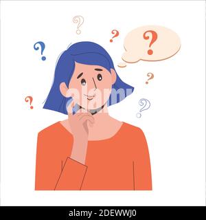 Portrait of young troubled woman. Girl with question mark in think ...