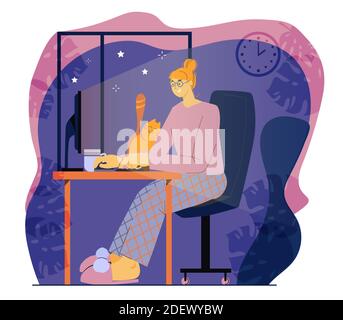 Woman working night. Remote work home room office, tired busy student ...