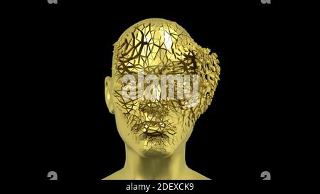 Abstract Human Head scattering into pieces, Golden face or sculpture ...