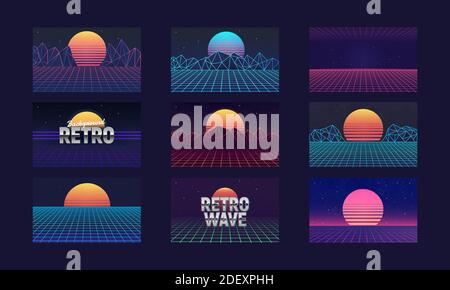 Sunset, stars and see. Synthwave graphic for poster. 80's retro design ...