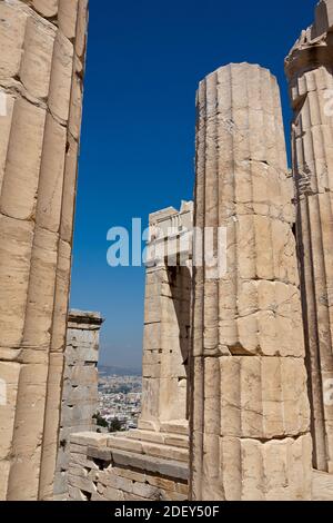 close-up of classical ionic columns with base and shaft with entasis, a ...