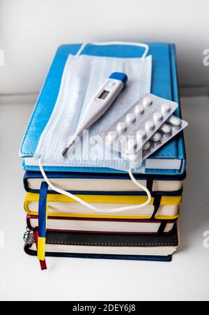 Medicine concept. On the table is a diary, a stethoscope and a business ...