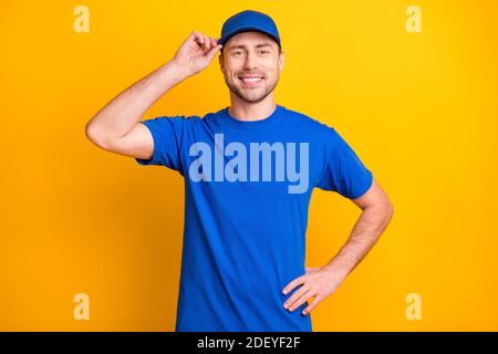 Photo of cheerful friendly person toothy smile small red heart chest ...