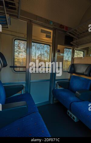 Blue seat compartment in fast expres train in Czech republic from Linz ...