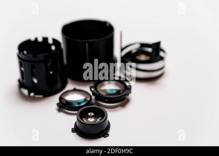 Inside a photographic lens - part of the electronics and rear element ...