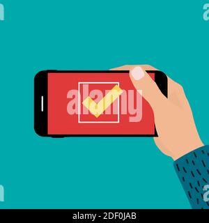 Hand holding mobile phone with yes mark sign. Illustration Stock Photo ...