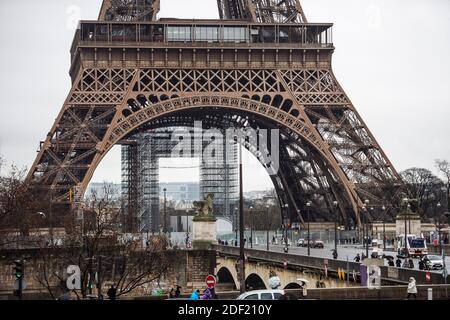 A picture shows scaffolding under the Eiffel Tower for reconstruction ...