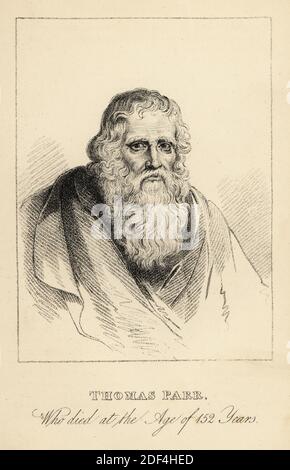 Thomas Parr, said to have died aged 152, with a border depicting three ...