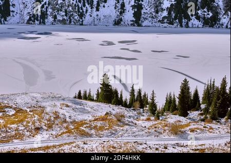 Frozen Big Almaty Lake in winter. Kazakhstan Stock Photo - Alamy