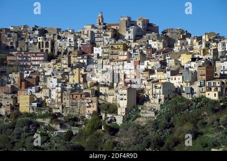 high density housing below Calvario church in Centuripe mountain town ...