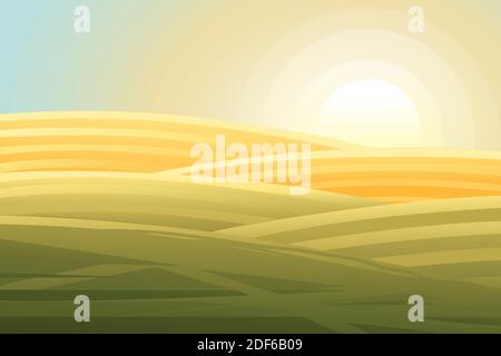 Rural morning landscape with hills and dales agricultural fields flat ...