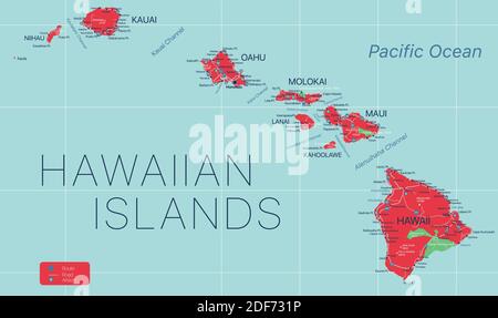 Oahu island detailed editable map with cities and towns, geographic ...
