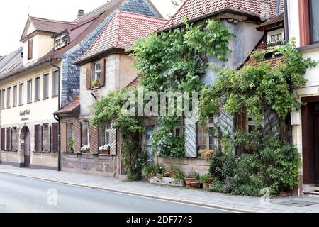View of a traditional old German house with timber framing, windows ...