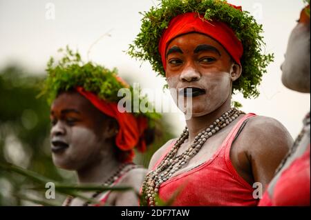 Gabon, Libreville, women with traditional makeup and clothes during ...