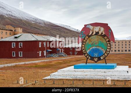 Polar bear sign at Pyramiden, abandoned Soviet coal mining settlement ...