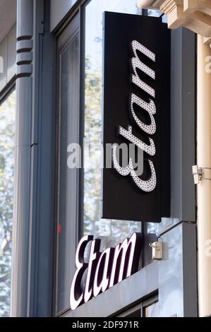 A shop sign of Etam in Paris, on April 9, 2020 in Paris, France. Photo ...