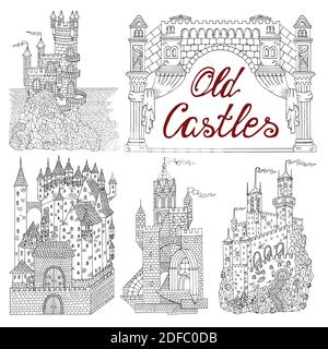 Medieval castles. Drawing ancient building towers gothic architectural objects old castles ...