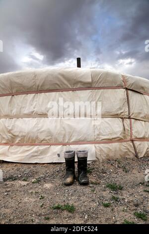 Boots in front of a yurt traditional home in Mongolia Stock Photo - Alamy