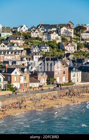 Pleneuf Val Andre beach, coast and city landscape, Brittany, France ...