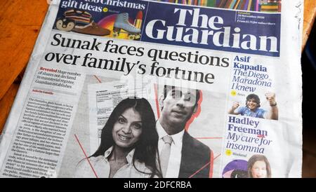 Rishi "Sunak faces questions over family's fortune" Guardian newspaper ...