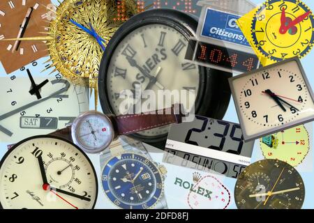 Collage of time pieces like watcher, clocks, stopwatch Stock Photo - Alamy