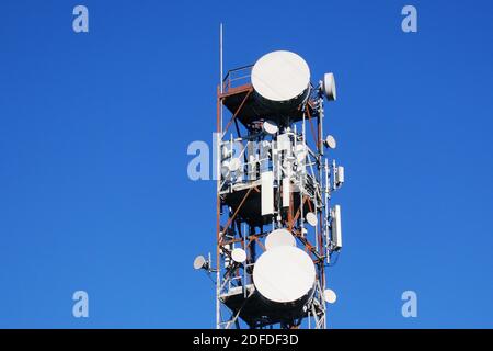Telecom tower antennas and satellite transmits the signals of cellular 5g 4g mobile signals ...