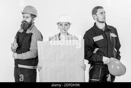 Builder, engineer, architect argue at work. Disagreement concept. Men ...