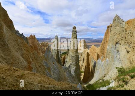 Panorama view of Omarama Clay Cliffs geological natural erosion silt ...