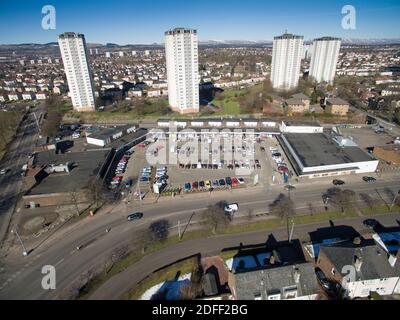 Aerial drone view of Knightswood Shopping Centre Glasgow Stock Photo ...