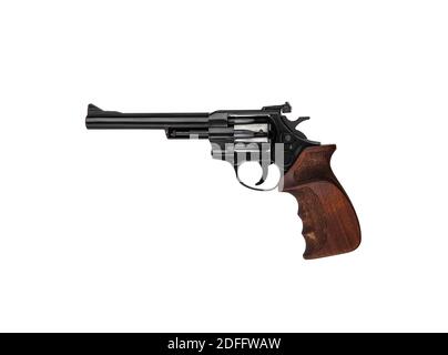 Classic black revolver with wooden handle, empty cylinder, no rounds ...