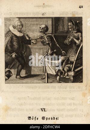 The skeleton of Death, Freund Hans, lays his bony hand on a judges ...
