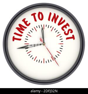 Time to invest. Clock with text. Analog Clock with red text INVEST in ...