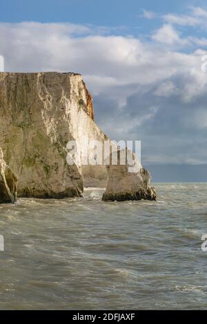 View of the rugged coastline where chalk cliffs meet the sandy shore ...